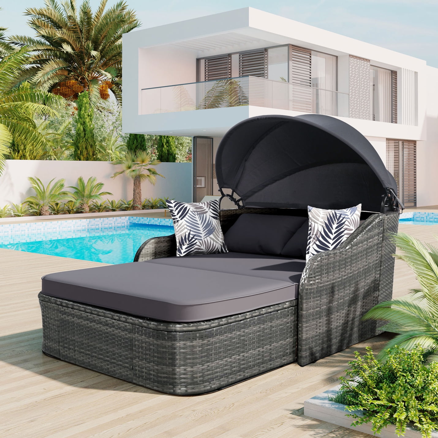 Outdoor Daybed with Retractable Canopy, PE Rattan Outdoor Bed Lounger ...
