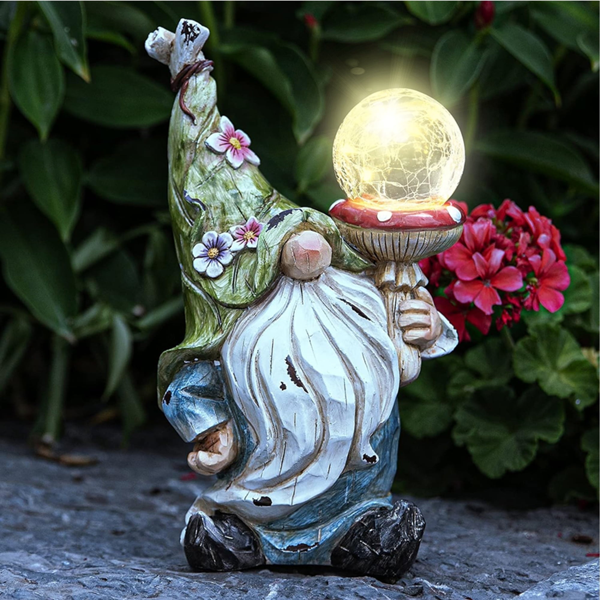 Outdoor Decor Garden Gnome Statue Holding Solar Light, Resin Gnomes ...
