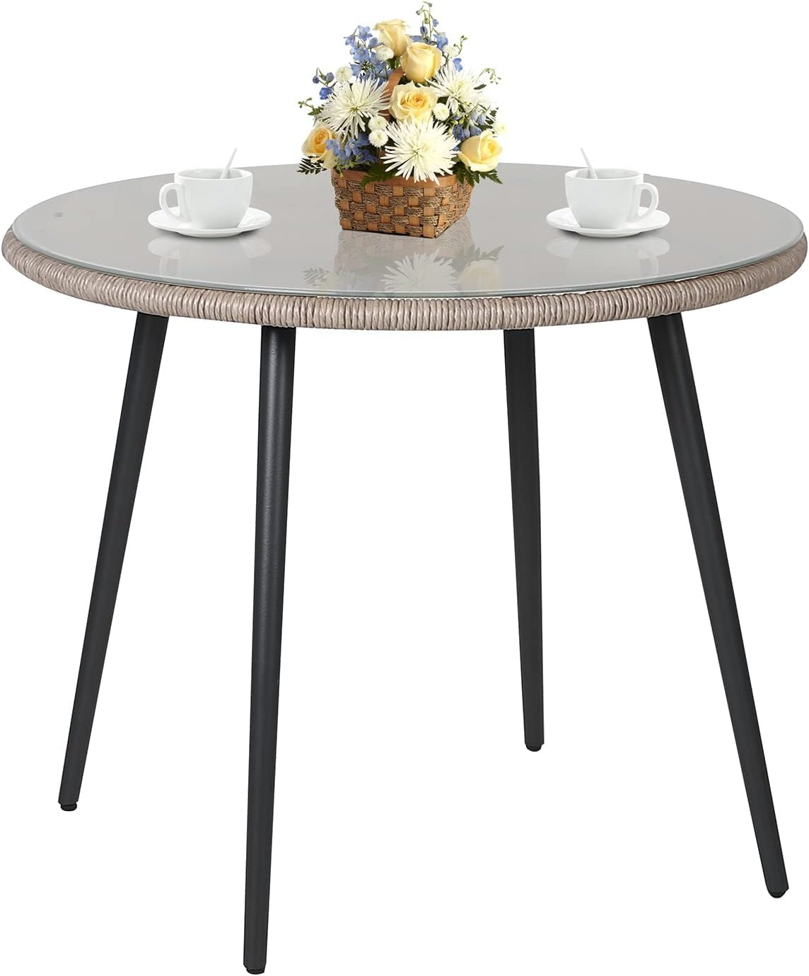Outdoor Dining Table, 35'' Patio Round Table, All-Weather Rope Rattan ...
