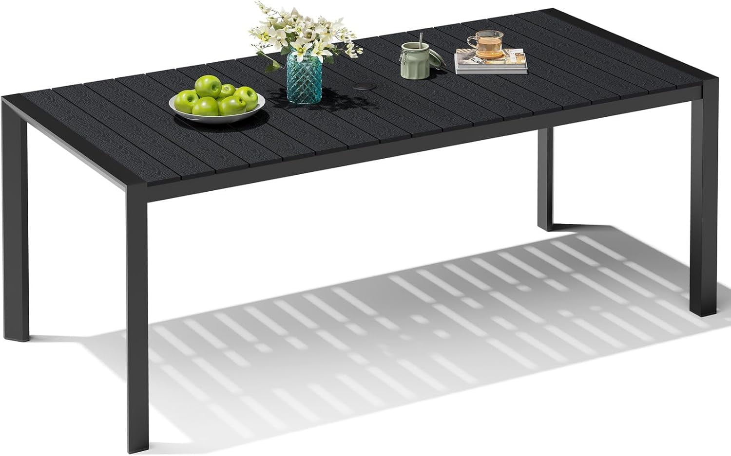 Outdoor Dining Table for 6, 71in Rectangle Patio Dining Table with Umbrella Hole Weather ...