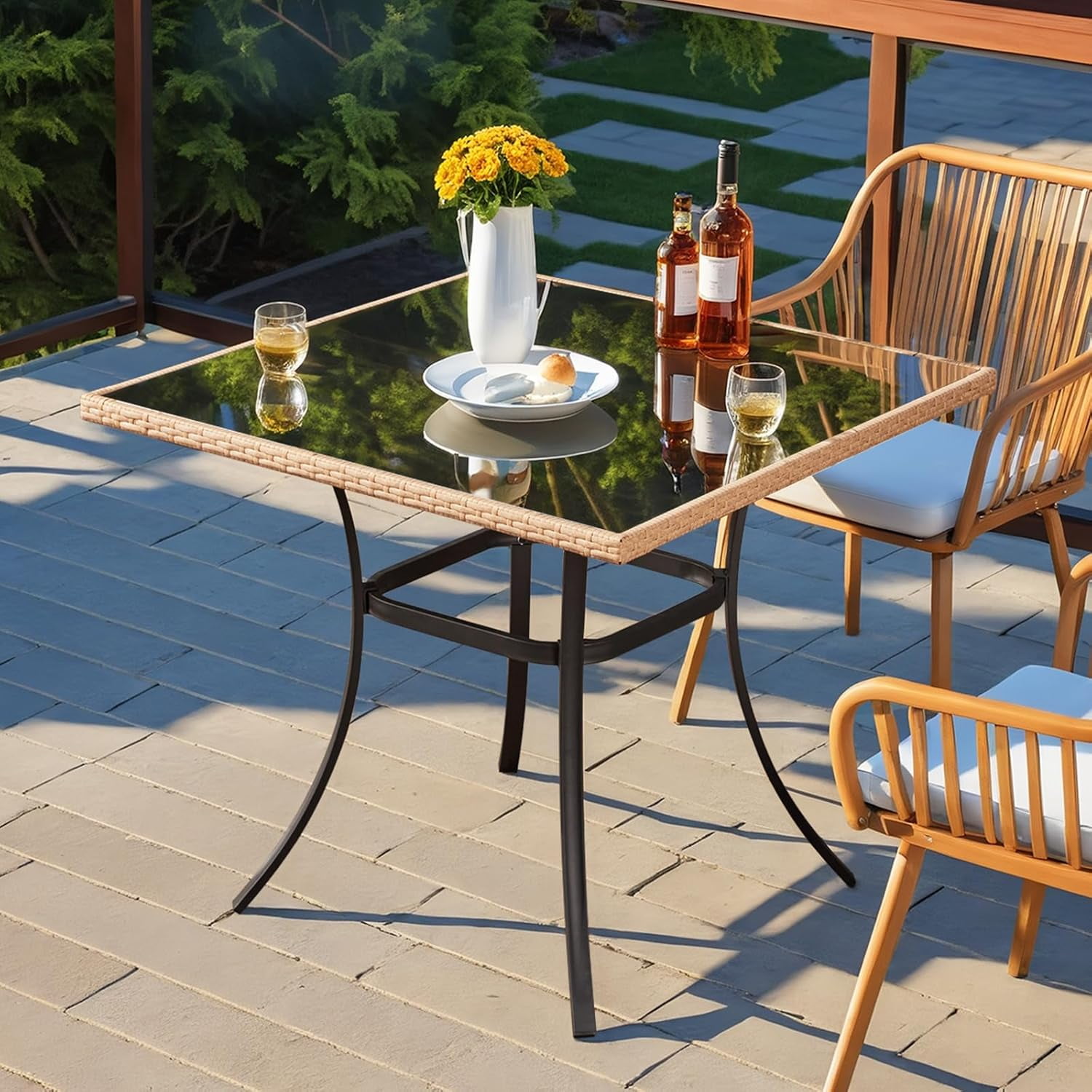 Outdoor Dining Table, Weather-Resistant Rattan & Steel Frame with ...