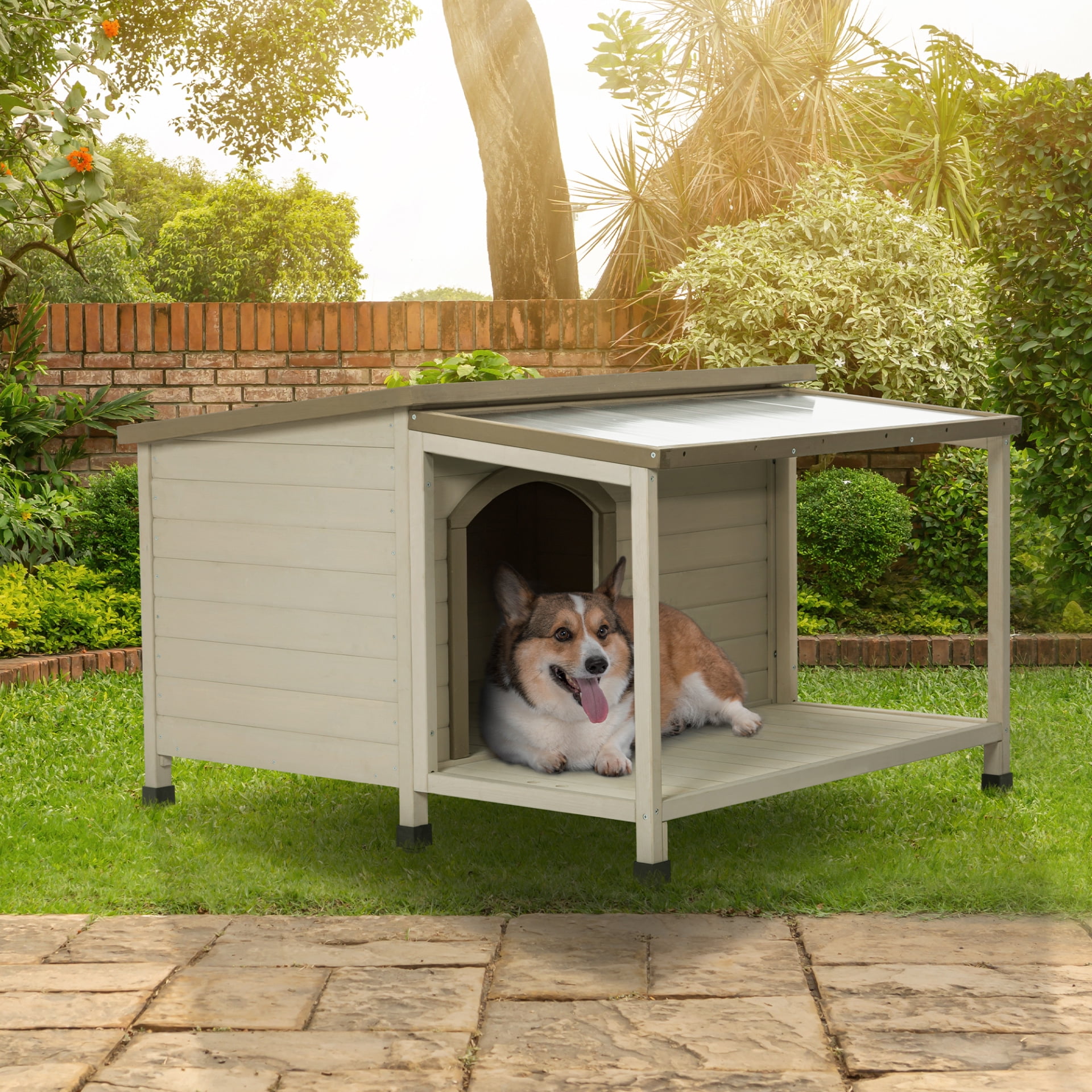 Outdoor Dog House 43.5", Treated Fir Wood Dog Kennel Outside with Large ...