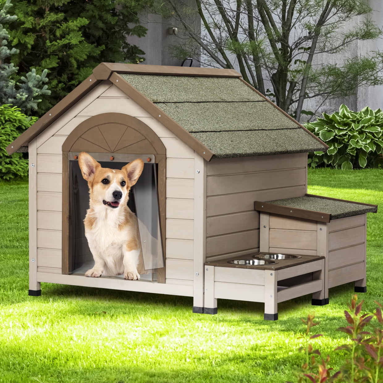 Outdoor Dog House with Elevated Feeding Station and 2 Bowls, Wood Dog ...