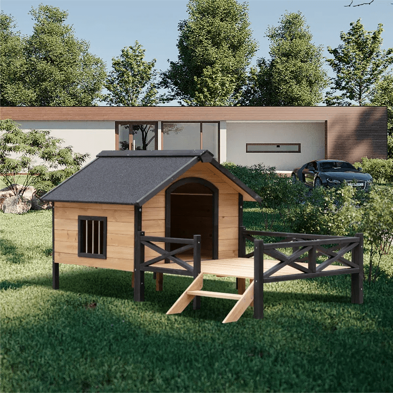 Outdoor Dog House,Large Wooden Dog Kennel with Porch,Cabin House Style ...