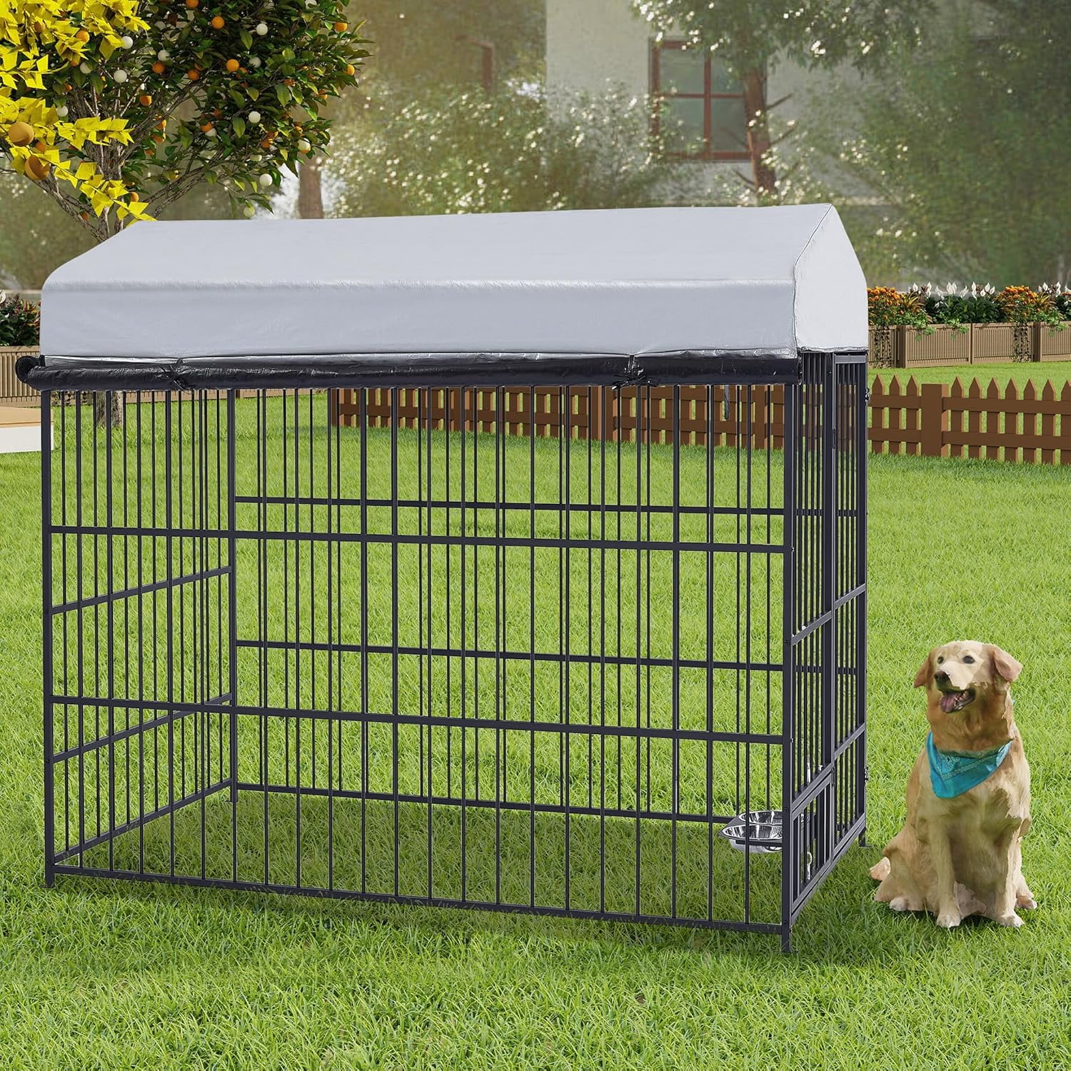 Outdoor Dog Kennel, Large Heavy Duty Dog House Enclosure with Roof and Double Lock, Metal Dog ...