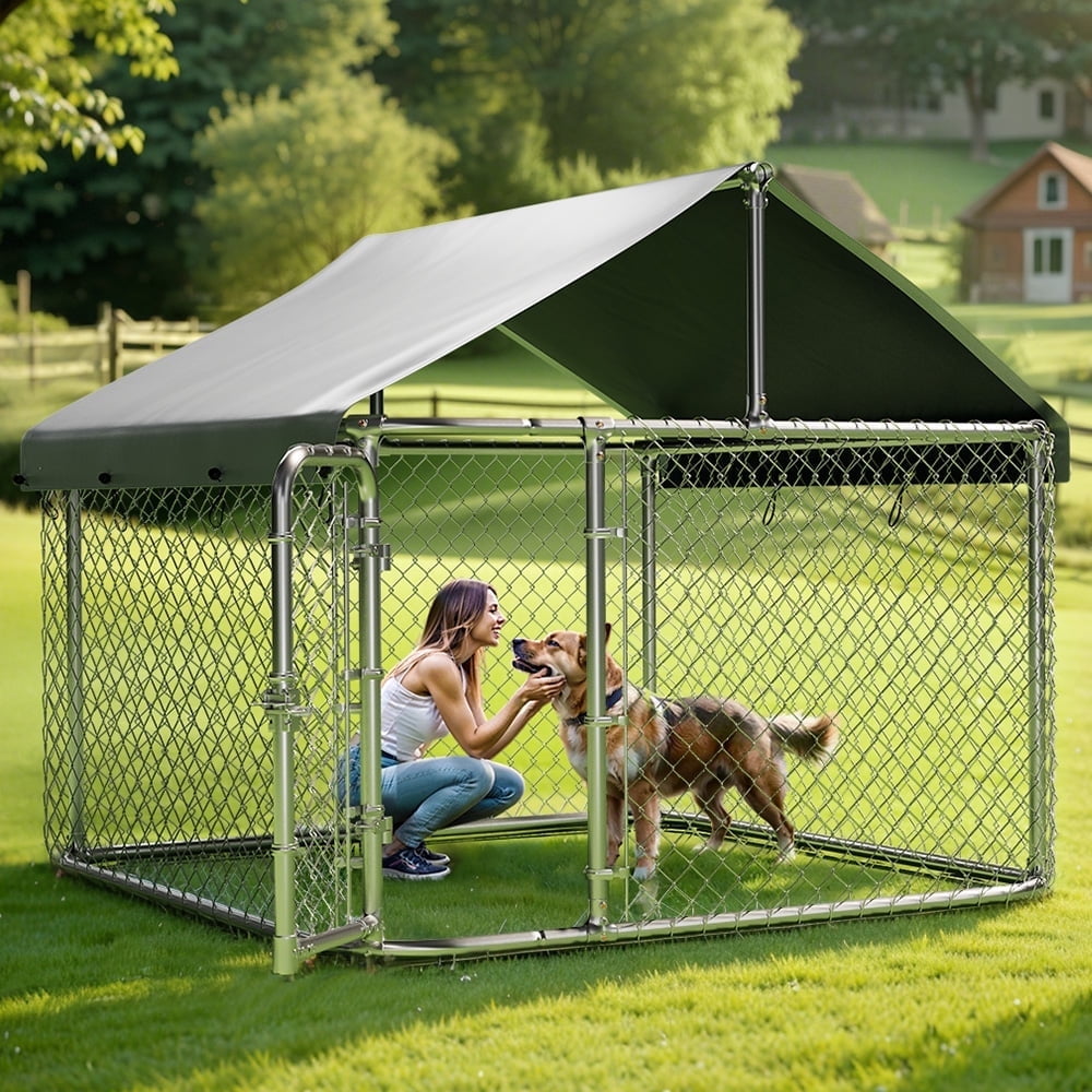 DomiPet Large Outdoor Dog Kennel with Roof Cover, Heavy Duty Dog Runs ...