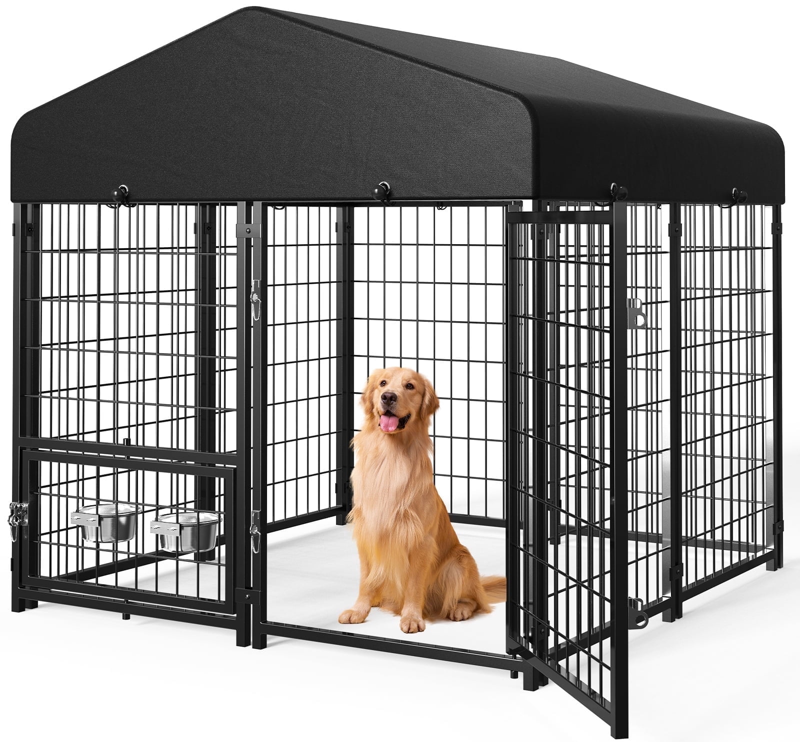 Outdoor Dog Kennel Outside Run with Doggy Door, Swivel Feeder&Roof ...