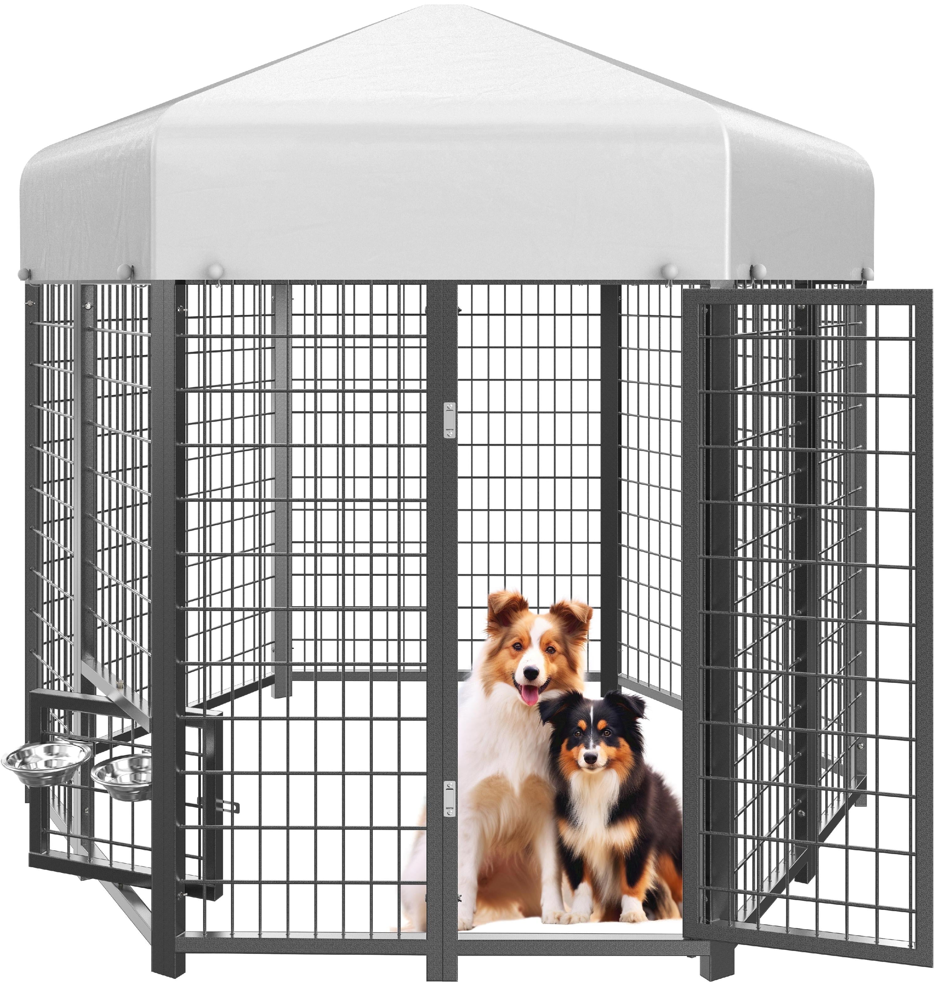 Outdoor Dog Kennel Outside Run with Doggy Door, Swivel Feeder&Roof ...