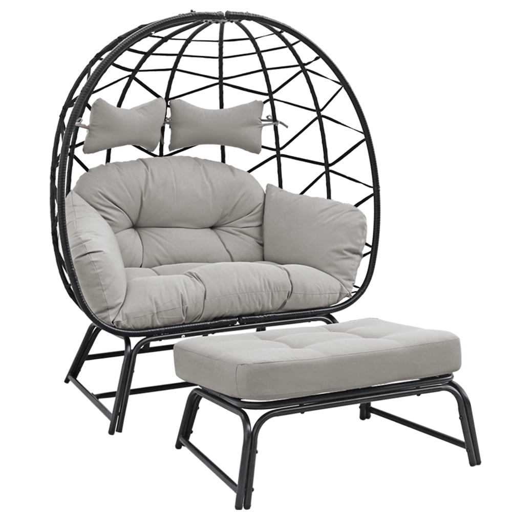 Outdoor Double Egg Chair w/Ottoman PE Rattan Wicker Papasan Chair w ...
