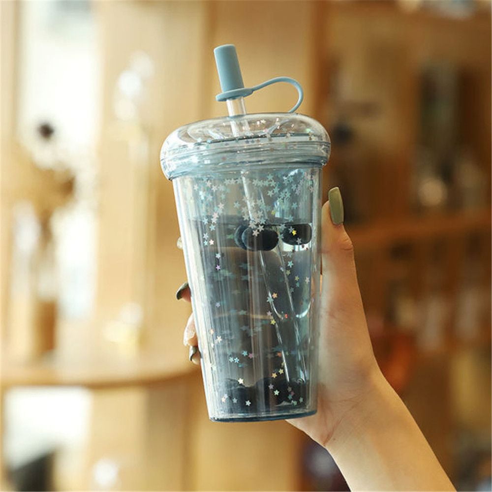 Outdoor Double Layer Glitter Water Bottle Straw Drinkware Bubble Tea ...