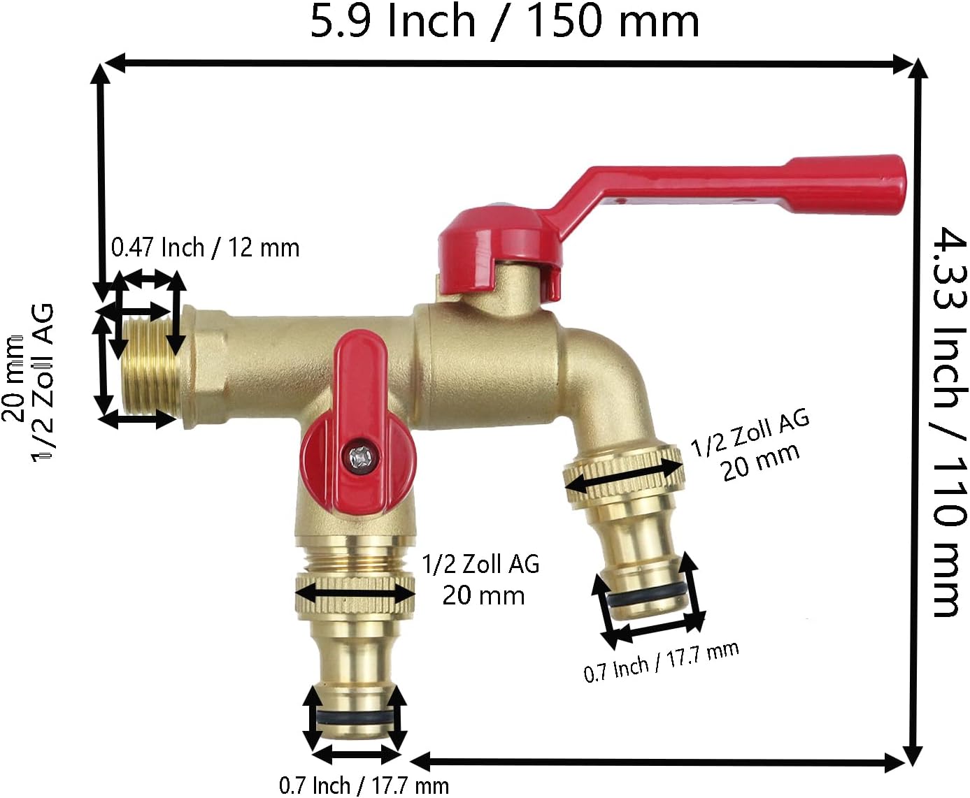 Outdoor Double Taps Water Faucet,2 Way 1/2 Inch Wall Mounted Brass ...