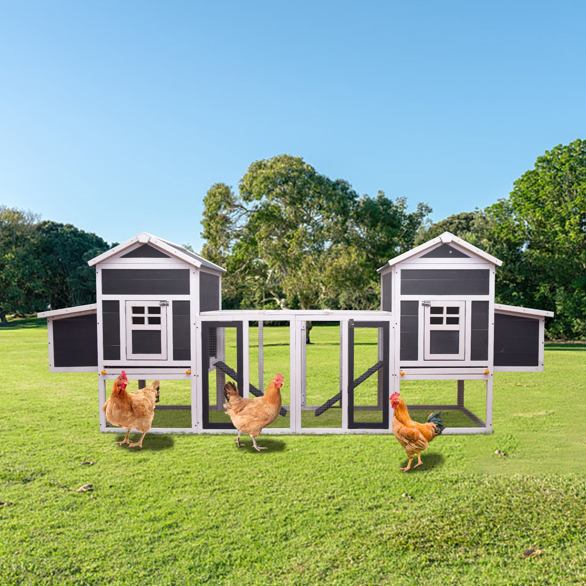 Outdoor Dual Hen House with Nesting Boxes Garden Backyard Wooden ...