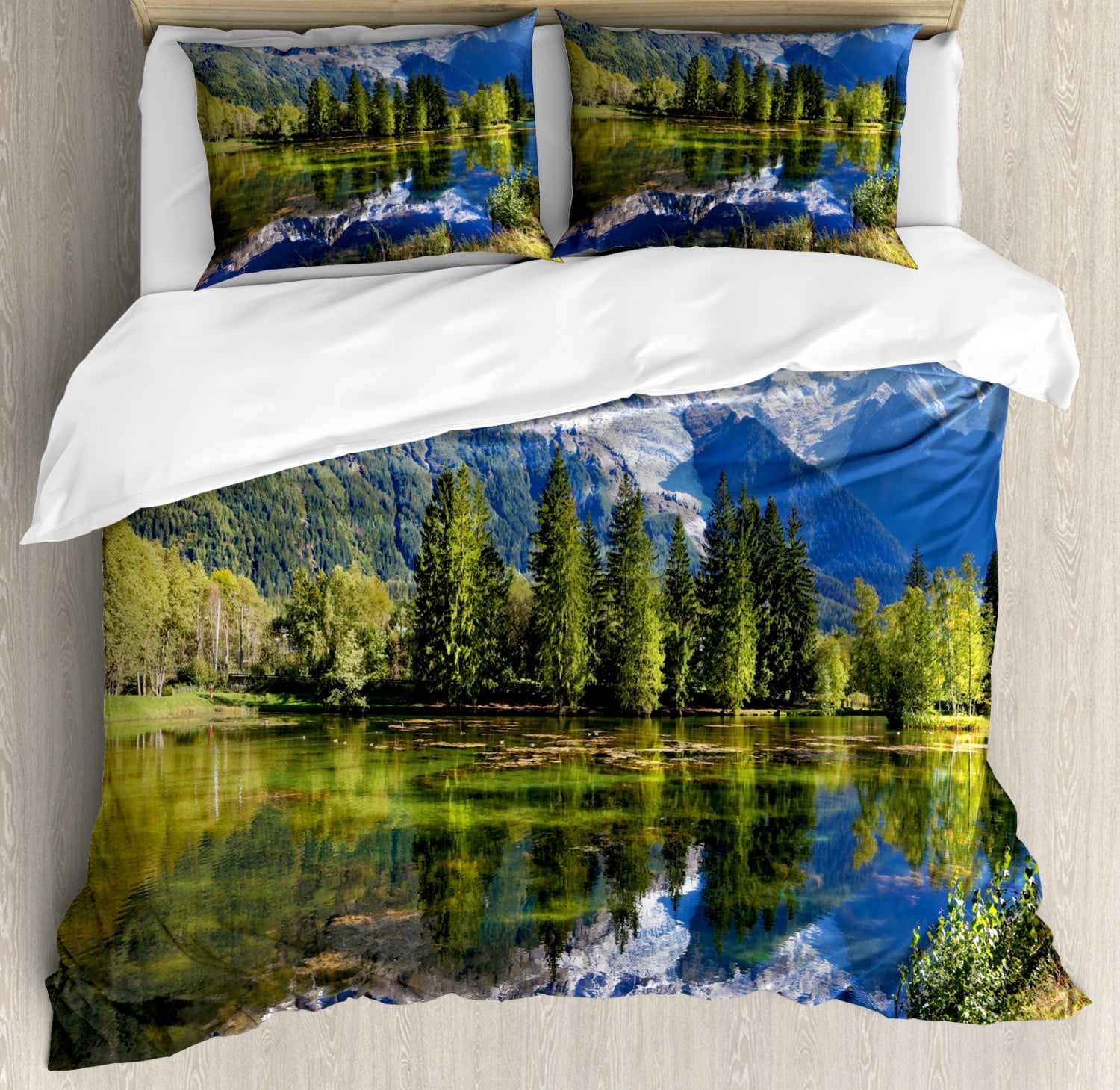 Outdoor Duvet Cover Set, Snowy Mountains Evergreen Spruce Reflected in ...