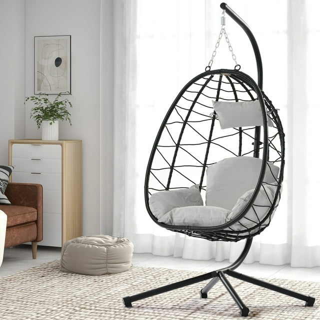Outdoor Egg Chair with Stand - All-Weather PE Rattan Hanging Chair ...