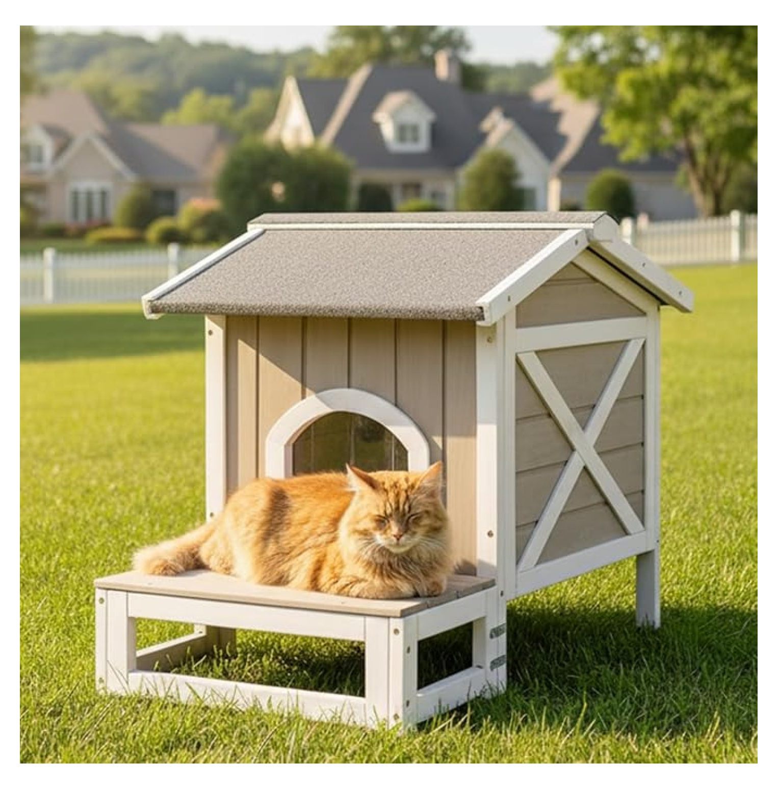 Outdoor Elevated Cat House with Porch, Weatherproof Feral Cat Shelter ...
