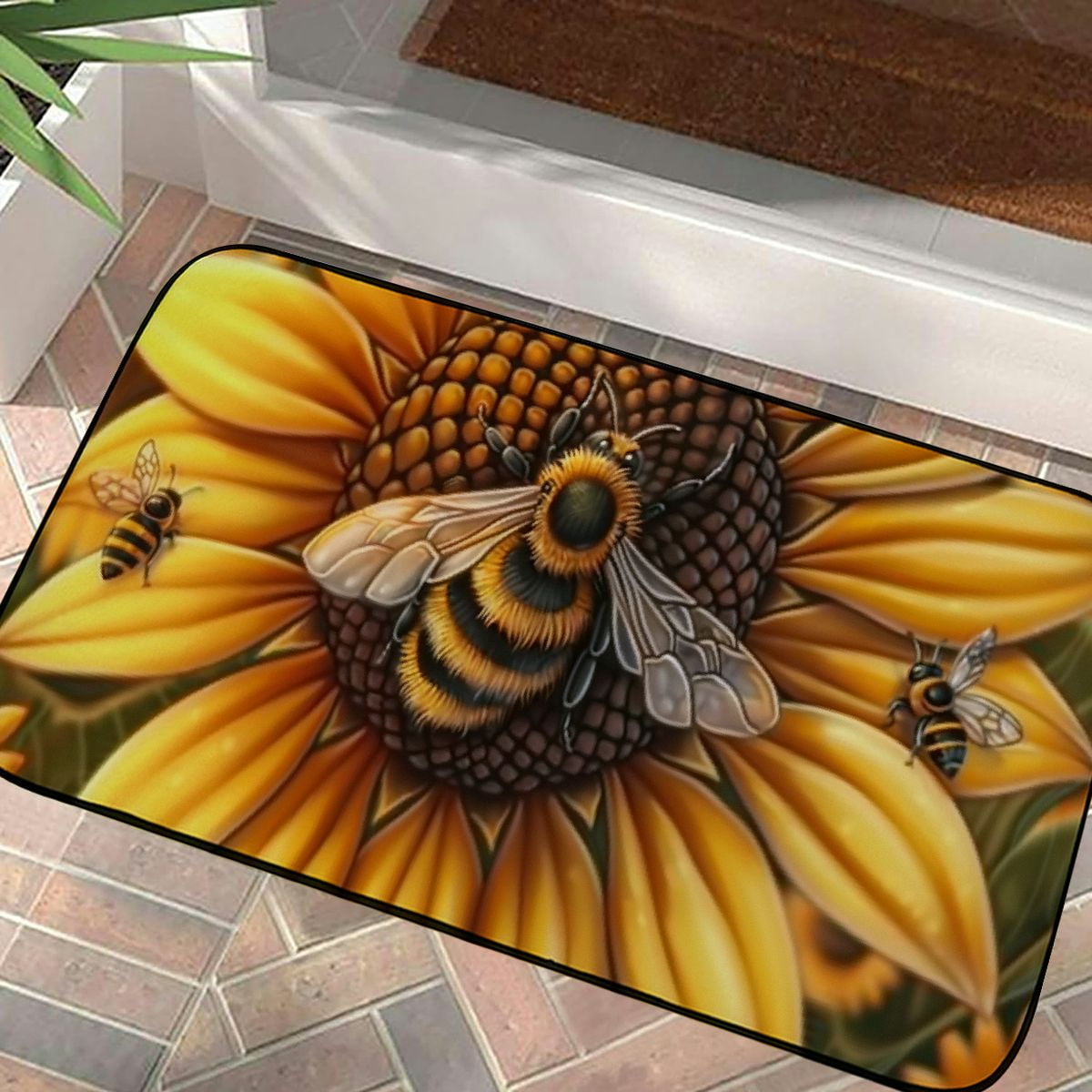Outdoor Entry Mat, Bees On Sunflowers Printed Welcome Mat, Suitable for ...
