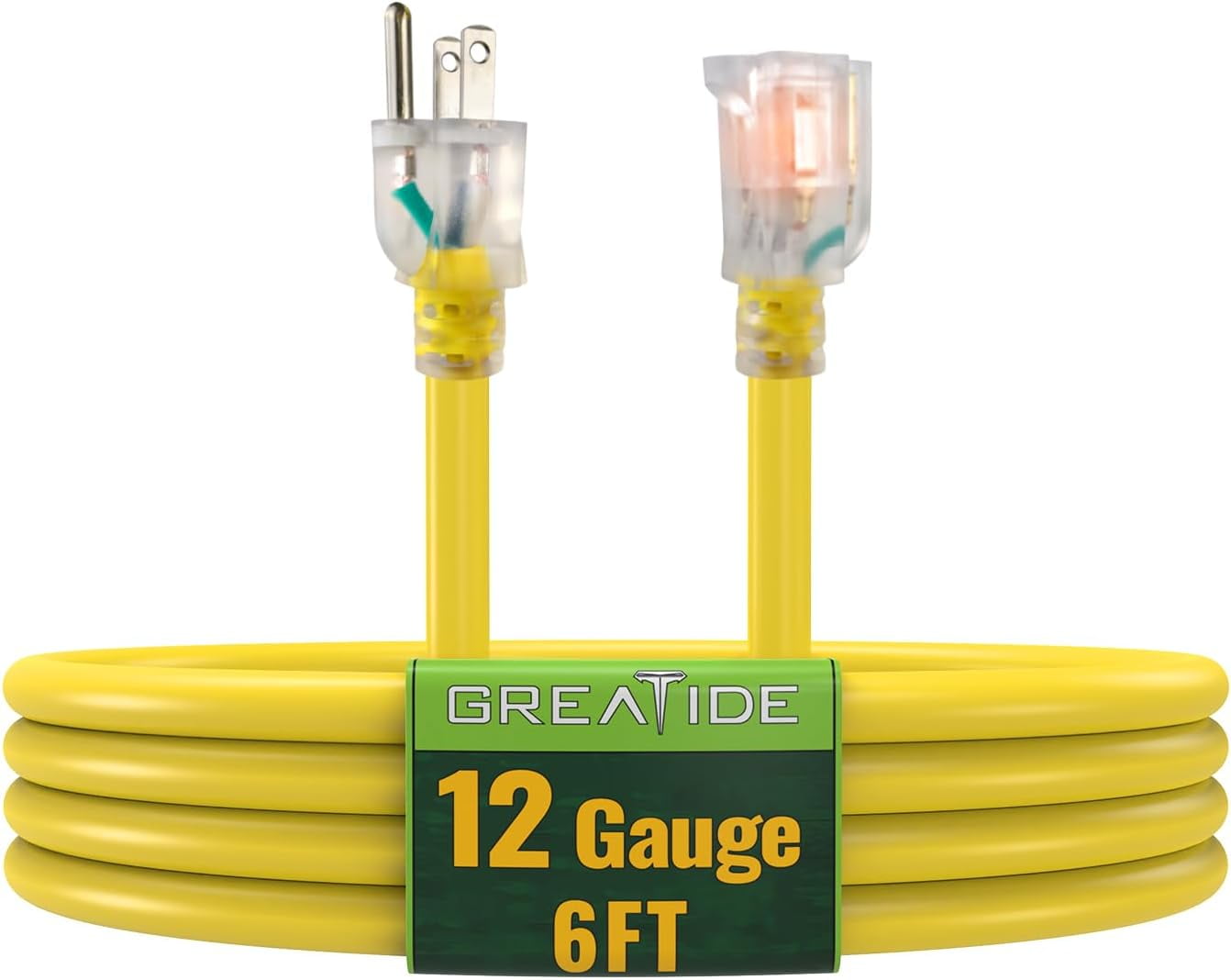Outdoor Extension Cord with Lighted End, 12 Gauge Heavy Duty 6 FT, 3 Prong Grounded 15 Amp ...