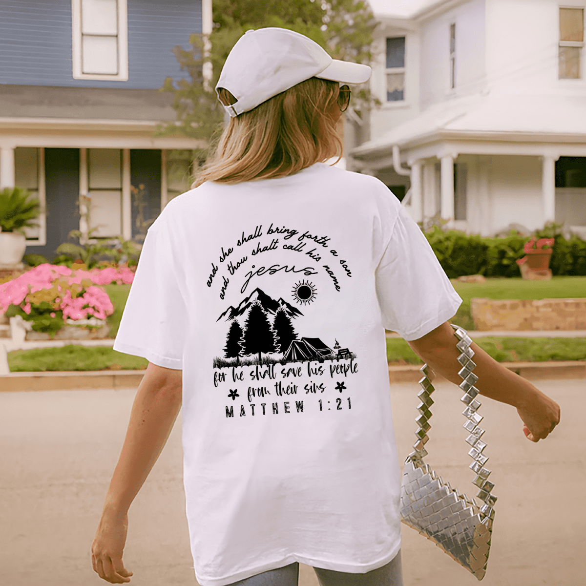 Woman's Print T-shirt Graphic Tees Shirts Matthew 1:21 Jesus White S ...