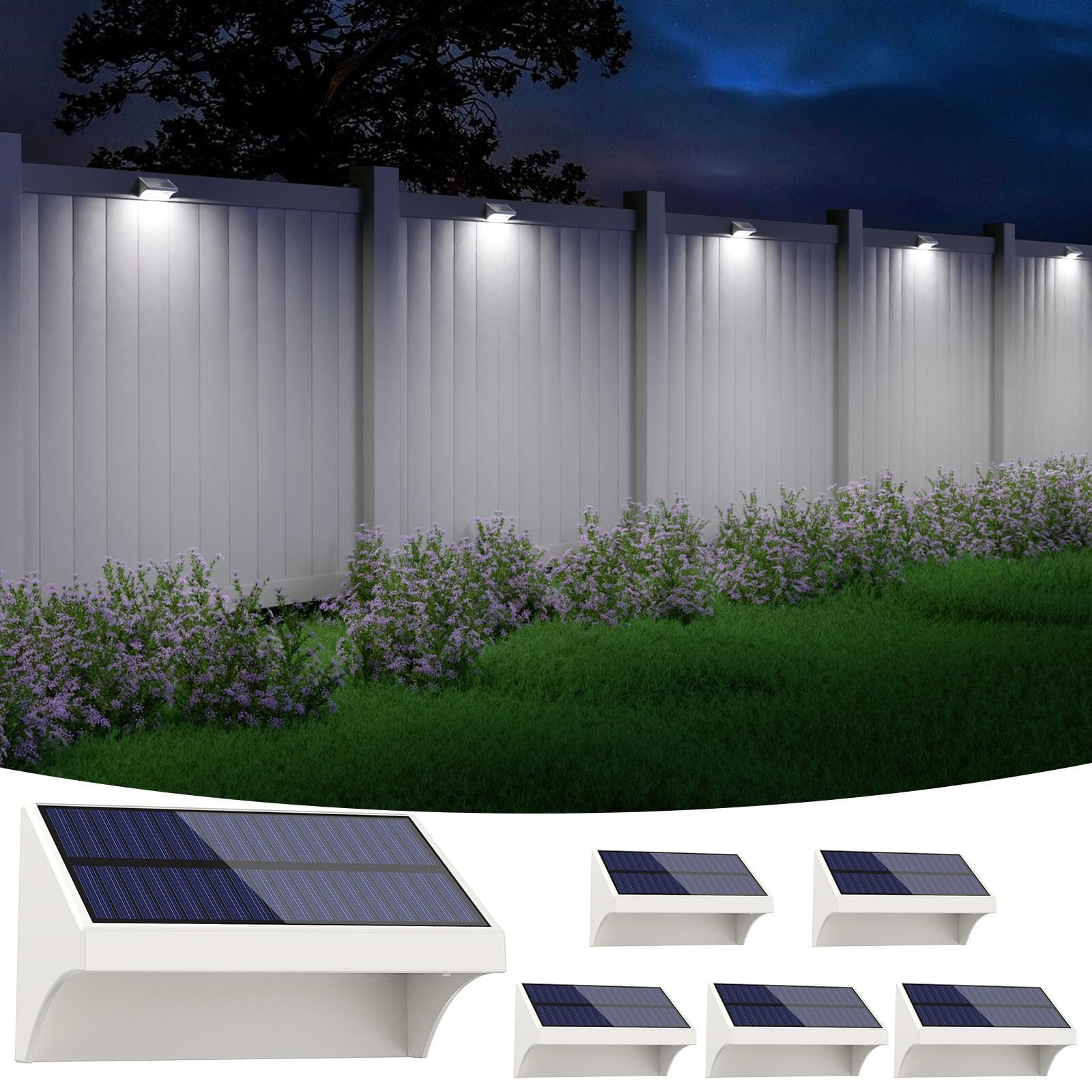 Outdoor Fence Lights, 6 Pack Waterproof LED Solar Fence Lights with 1500mAh Battery, Warm White ...