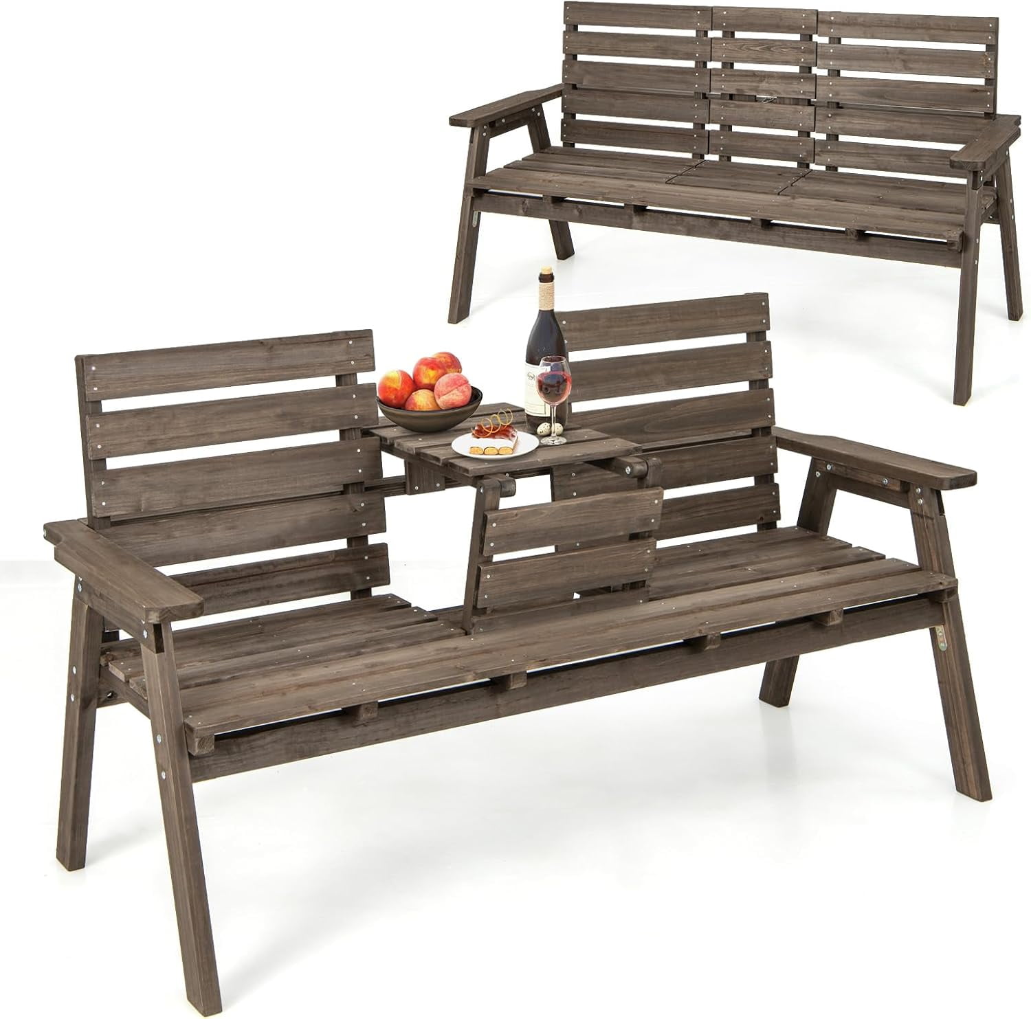 Outdoor Fir Wood Bench with Foldable Middle Table, 2-3 Person Garden ...