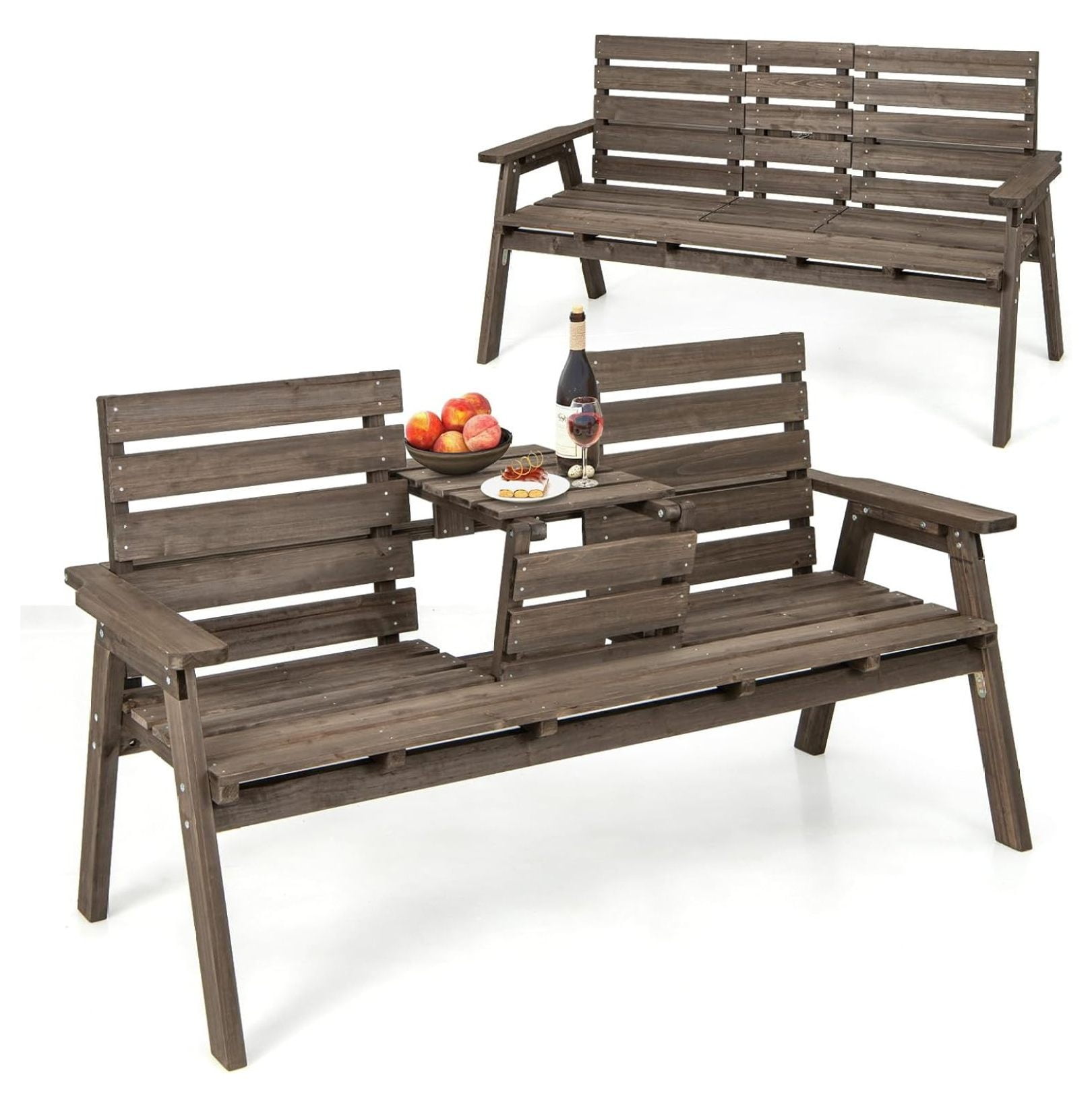 Outdoor Fir Wood with Foldable Middle Table, 2-3 Person Garden with Backrest and Armrests, 710 ...