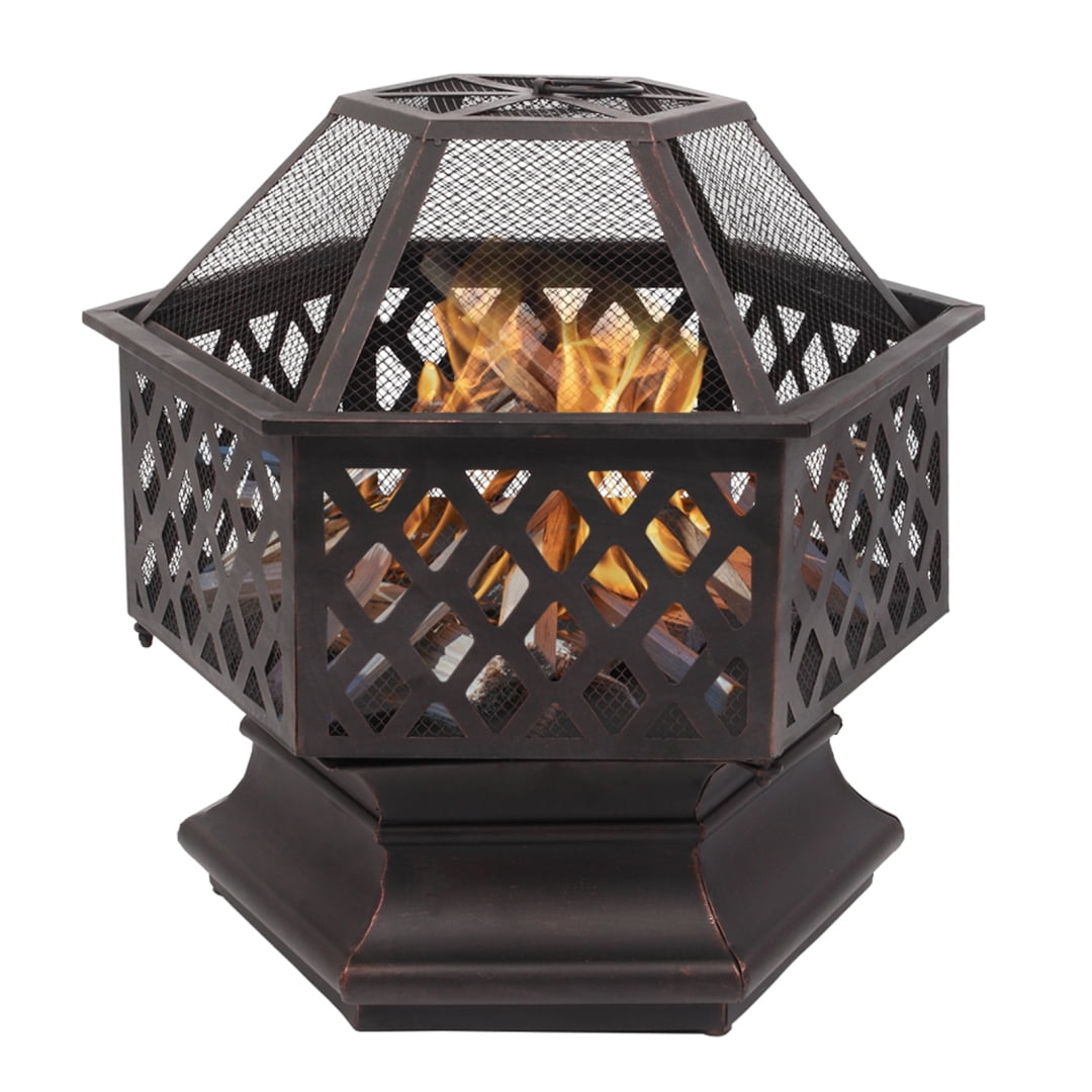 Outdoor Fire Pit, 22" Hexagonal Shaped Iron Brazier Wood Burning Fire ...