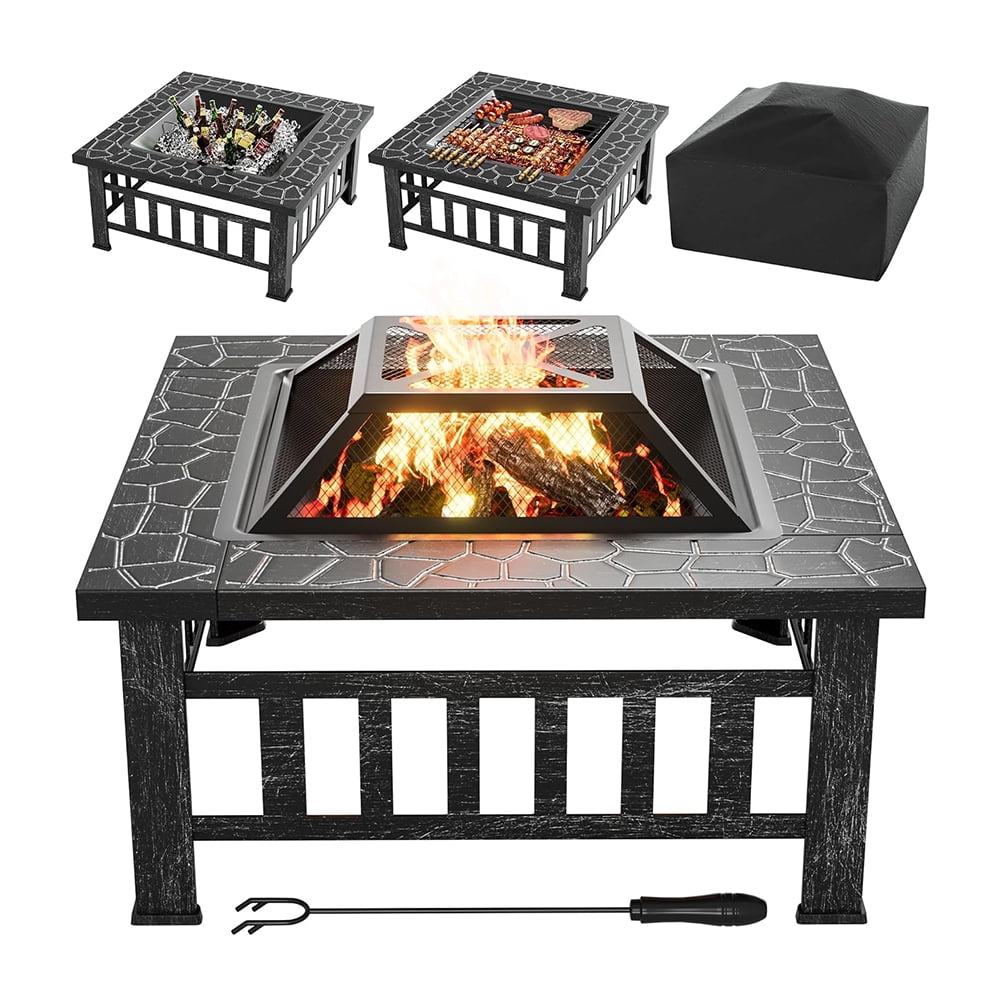 Outdoor Fire Pit, 32 Inch Firepit Tables Backyard Mutifunctional Square Metal Stove Wood Burning ...