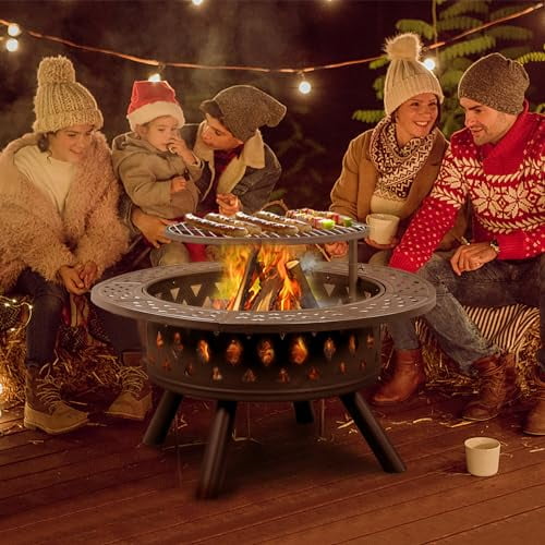 Outdoor Fire Pit with Grill, Large Wood Burning Fire Pits with Swivel Cooking Grate, Poker, Log ...