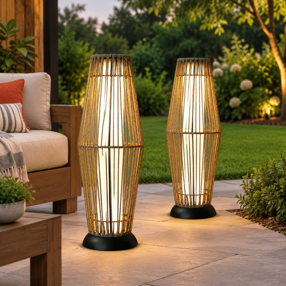 Outdoor Floor Lamp 2 Piece Solar Lantern Wicker Patio With Olifen Rope ...