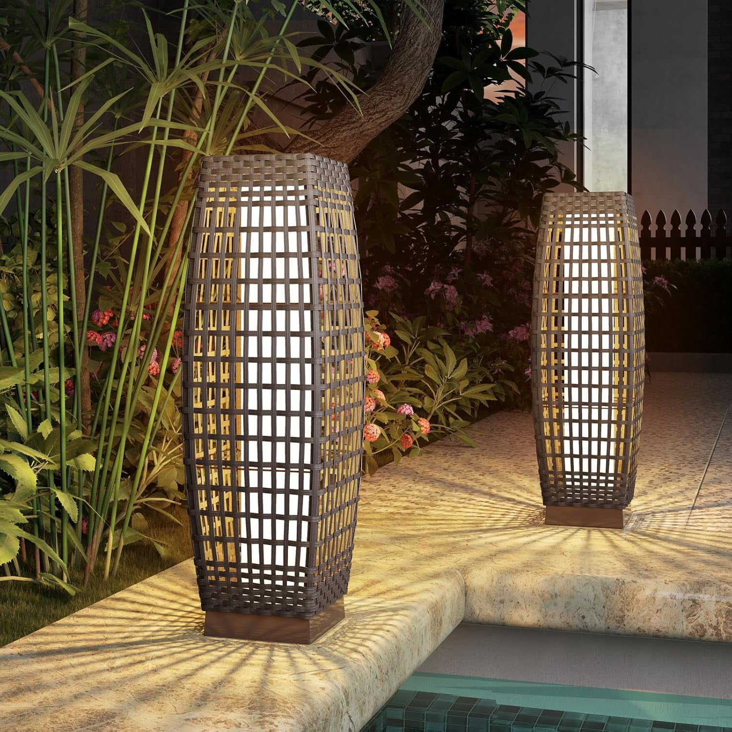 Outdoor Floor Lamp Solar Powered Lantern Waterproof Wicker Boho Deck ...