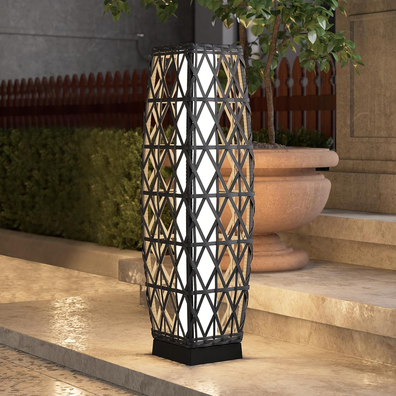 Outdoor Floor Lamp Solar Powered Lantern Waterproof Wicker Boho Deck ...