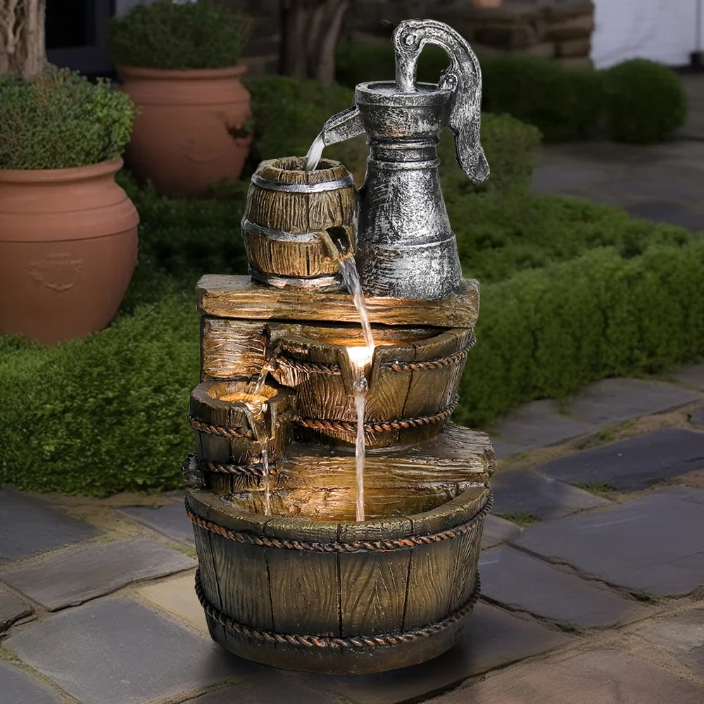 Rustic 5-Tiered Barrel and Pump Water Fountain for Outdoor, Porch, Yard ...