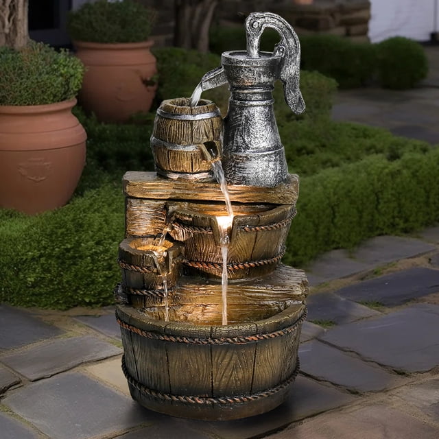 Rustic 5-Tiered Barrel and Pump Water Fountain for Outdoor, Porch, Yard ...