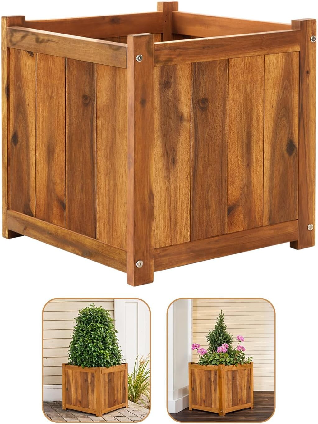 Outdoor Flower Box, Durable Acacia Wood Flower Boxes for Outdoor Plants ...