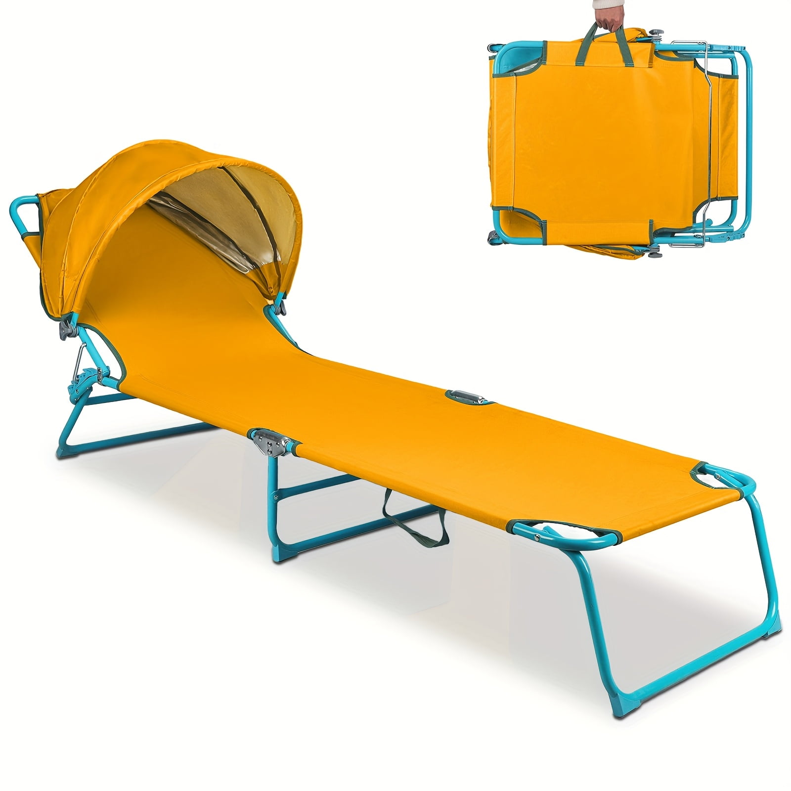 Outdoor Folding BedLounge Chair with Canopy Shade, Adjustable 4 Position Foldable Tanning Chair ...