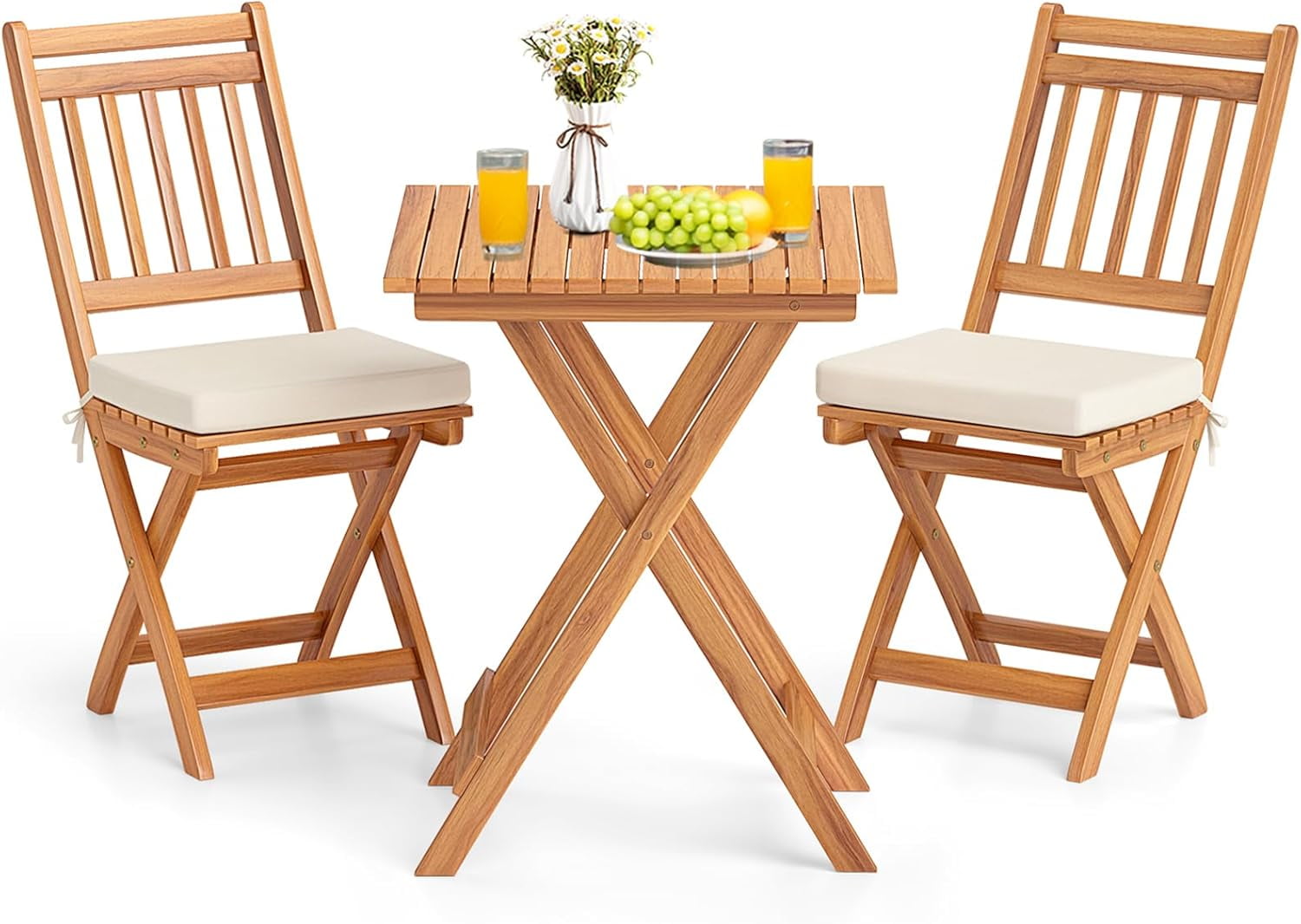 Outdoor Folding Bistro Set, 3 Pieces Acacia Wood Bistro Set with Soft ...