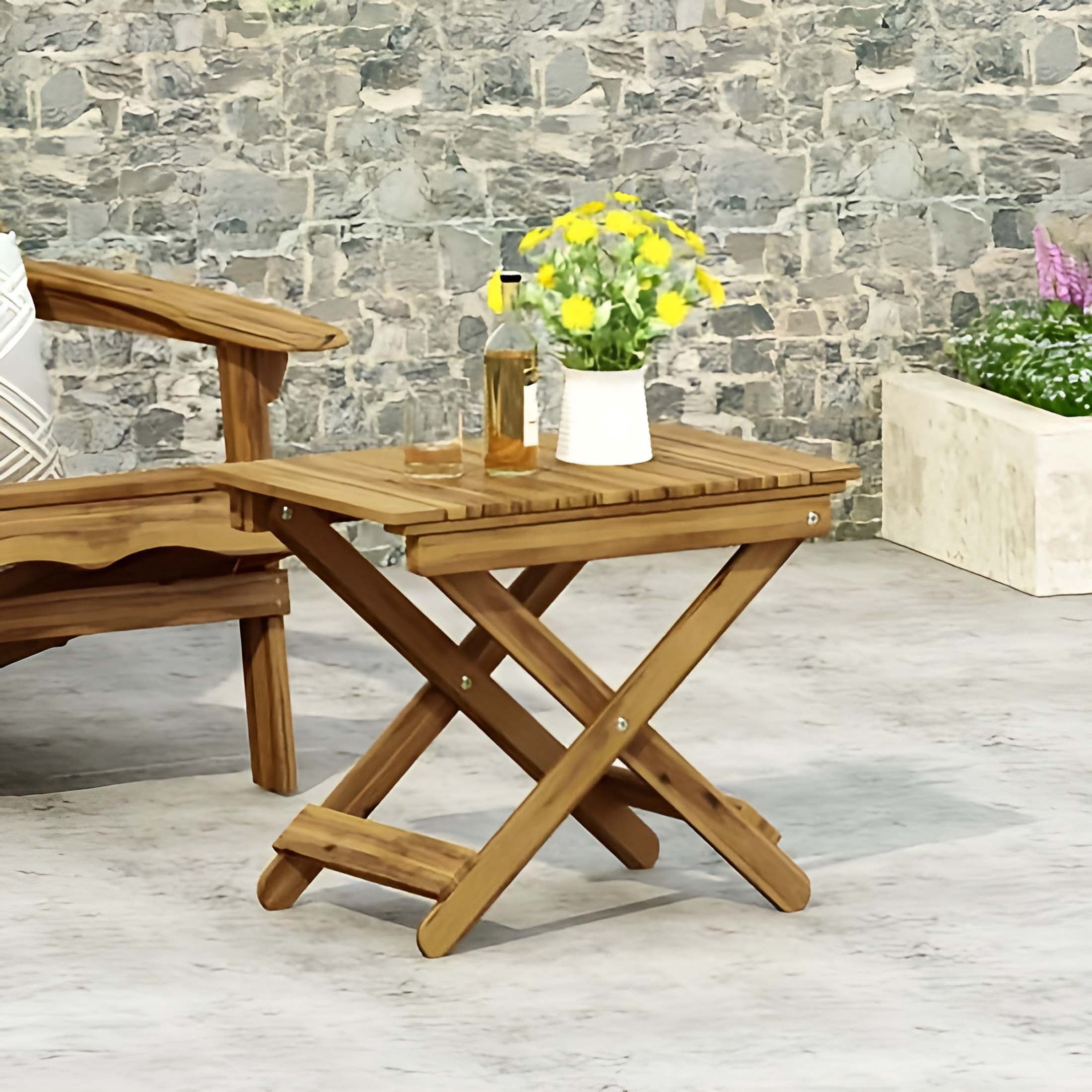 Outdoor Folding Wooden Side Table with Slat Design,Square End Table for ...