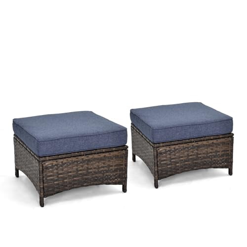 Outdoor Footstool Set of Two, All-Weather Rattan Footstool with 4-inch ...