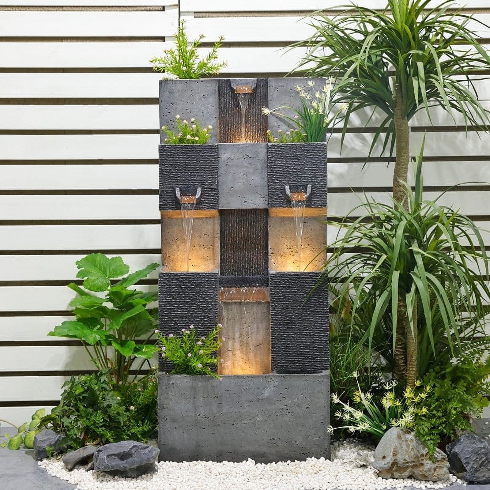 Outdoor Fountain 4 Tiered Modern Waterfall Fountains with LED Lights ...