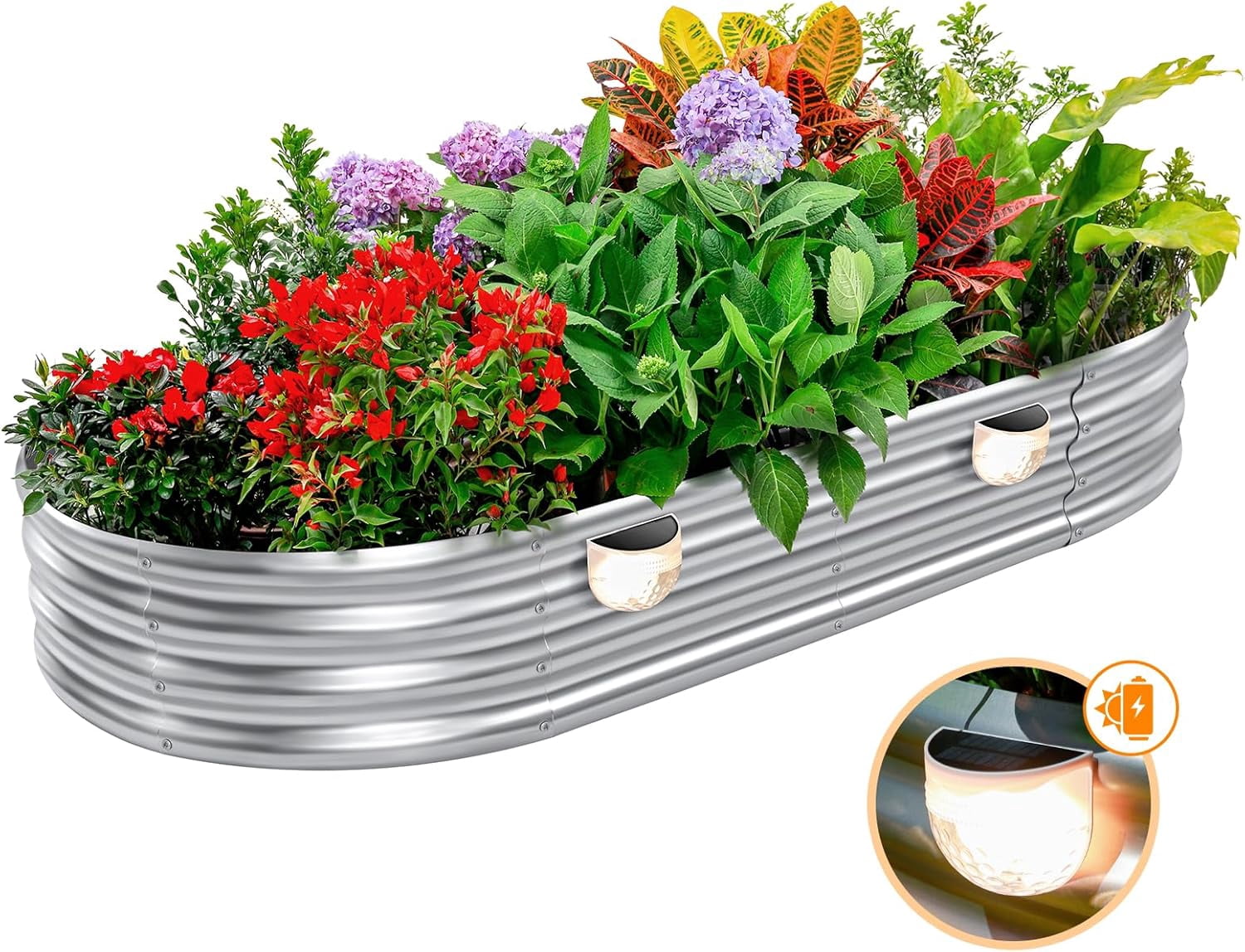 Outdoor Galvanized Planter Box with 2 Solar Lights, Raised Garden Bed ...