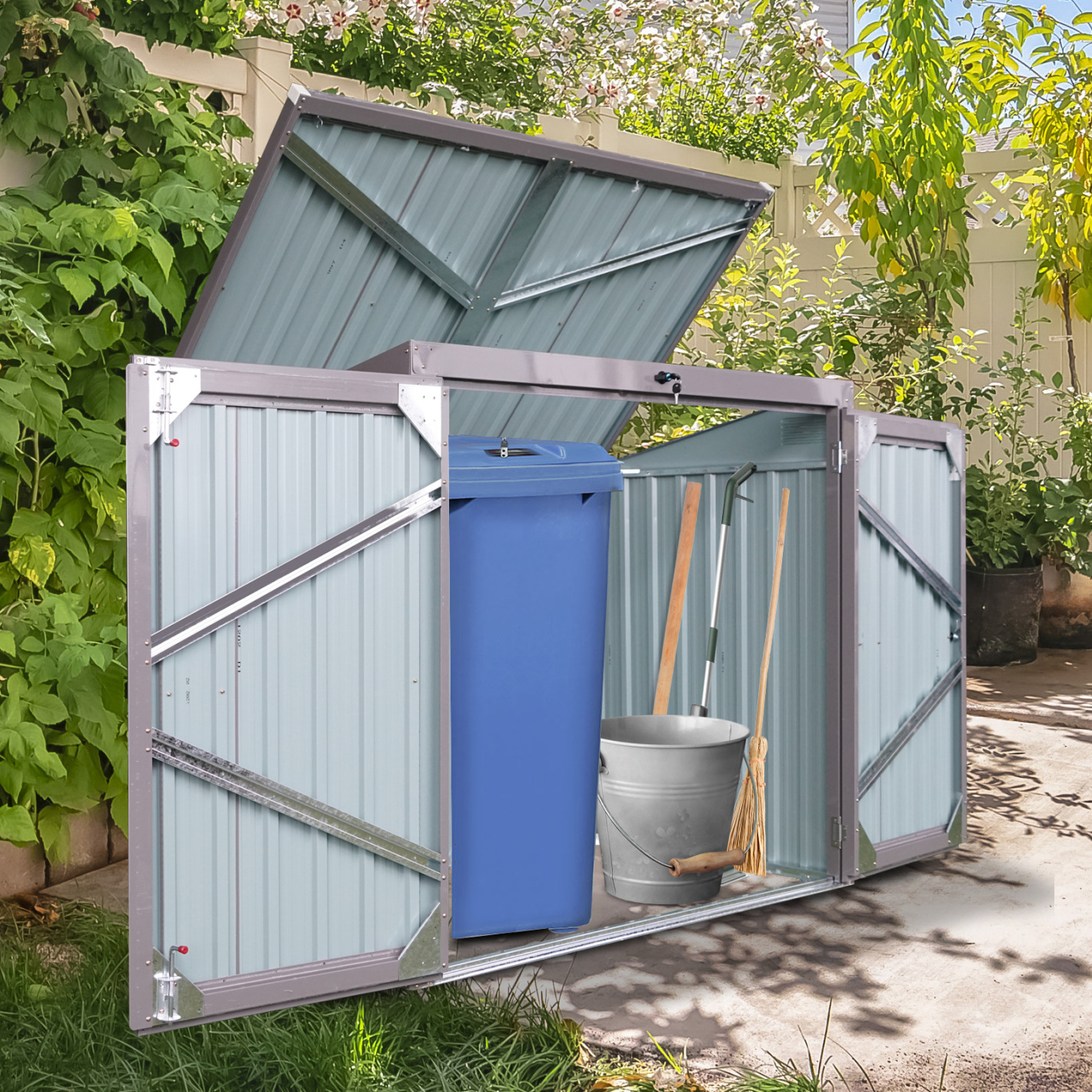 Outdoor Garbage Bin Shed Stores 2 Trash Cans with lid and springs ...