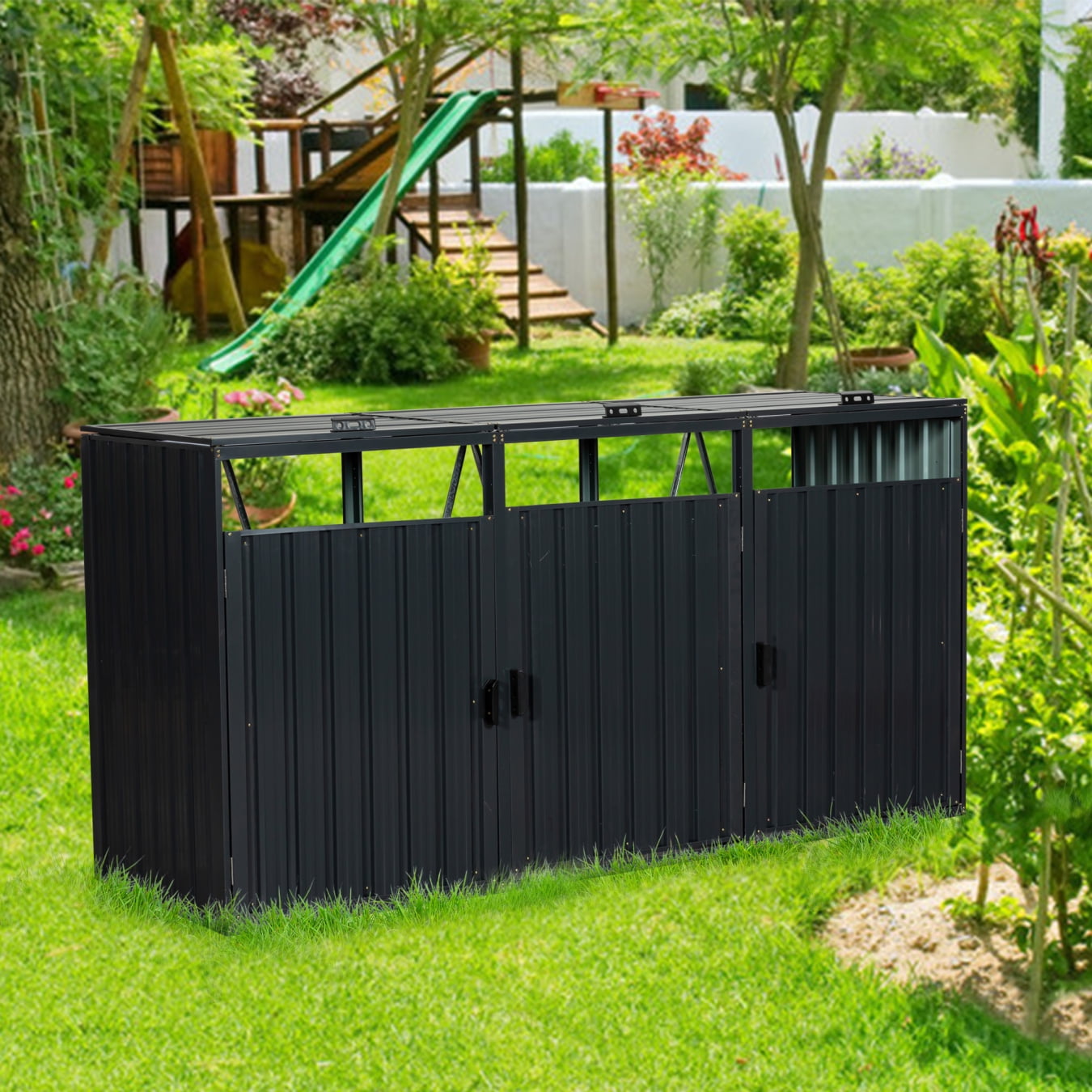 Outdoor Garbage Bin Shed Stores 3 Large Trash Cans,Ventilated Trash Can ...