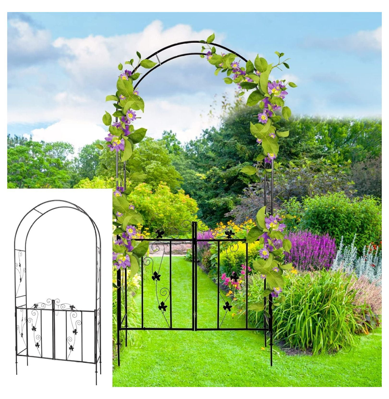 Outdoor Garden Arch with Gate - Metal Arbor Trellis Garden Entrance and ...
