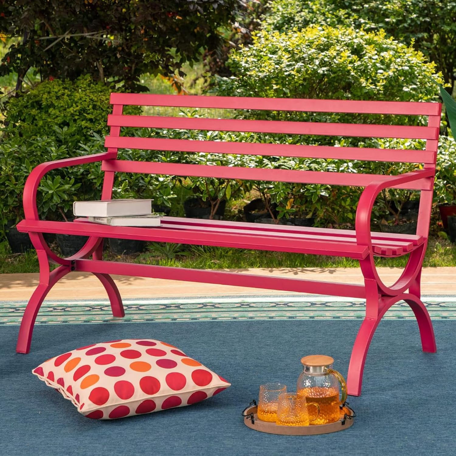 Outdoor Garden Bench, 48” Long Metal Steel Bench with Backrest and ...