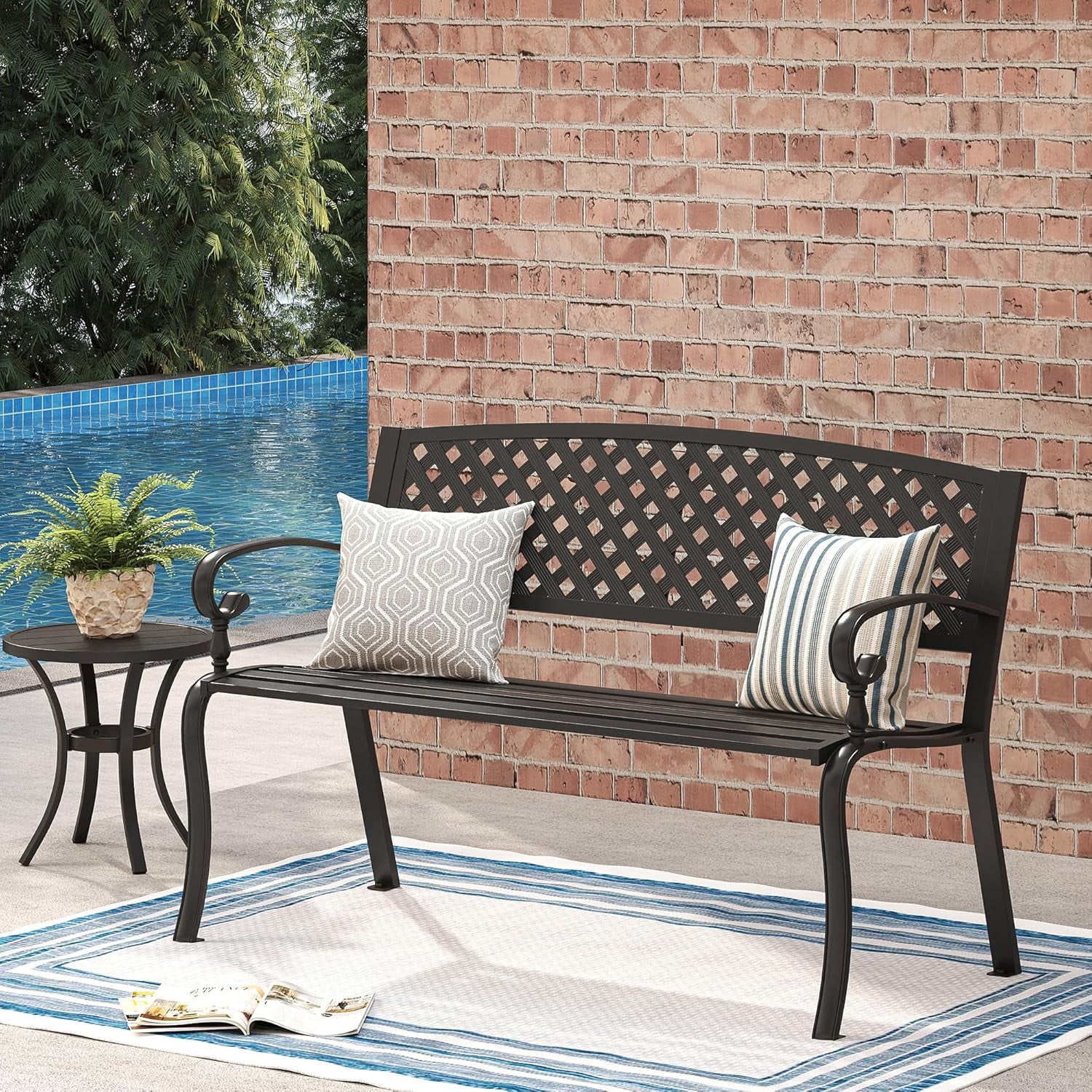 Outdoor Garden Bench, 50” Long Metal Patio Bench with Backrest and ...