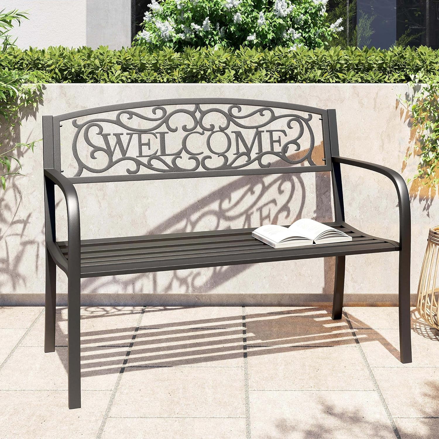 Outdoor Garden Bench, 50 inch Cast Iron Metal Loveseat Chairs with ...