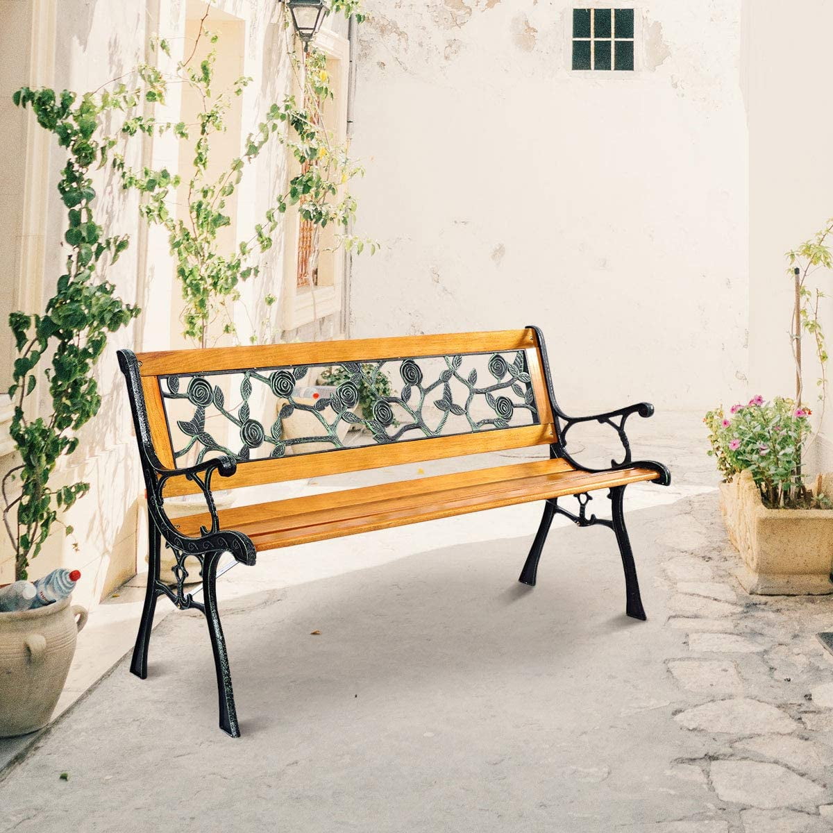 Outdoor Garden Bench, Outside Porch Loveseat with Rose Cast Backrest ...