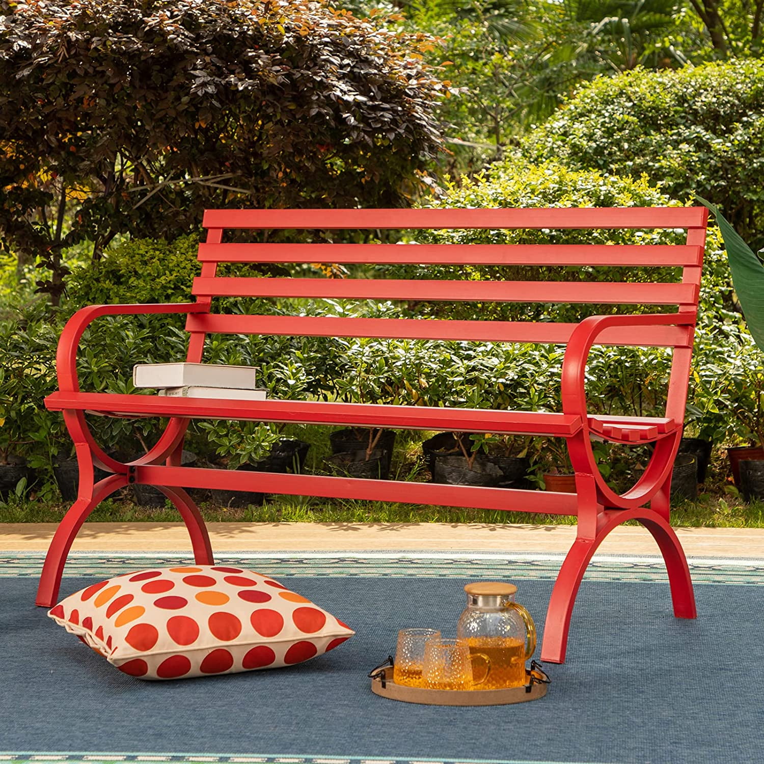 Outdoor Garden Bench Patio Park Bench, Metal Steel Frame Furniture with ...