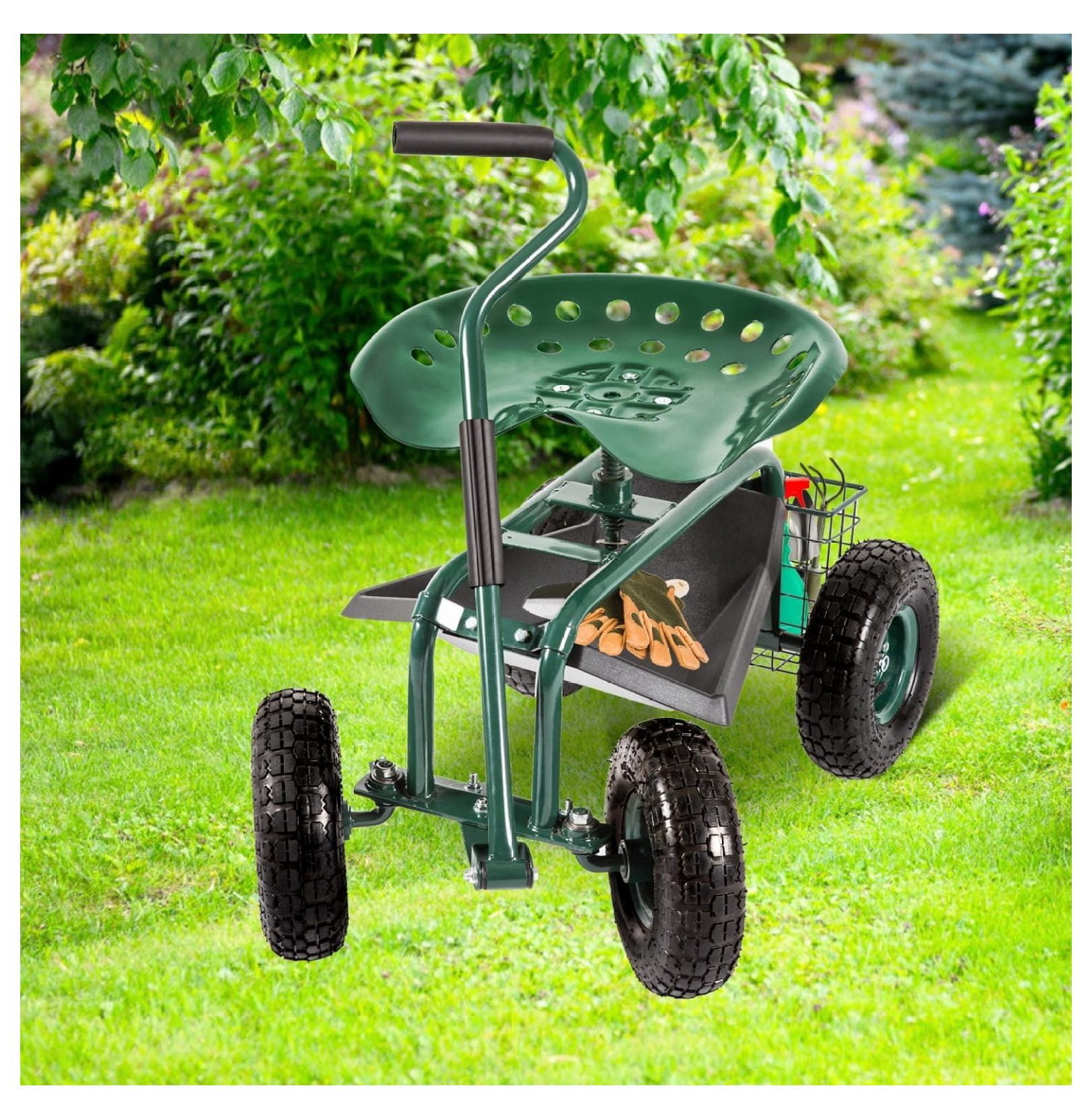 Outdoor Garden Cart with Swivel and Height Adjustable Seat, Rolling ...