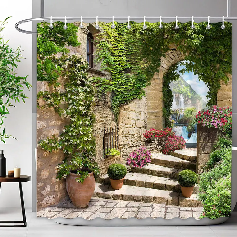 Outdoor Garden Fence Flower Shower Curtain Rustic Garden Wall Natural ...